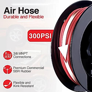 ReelWorks Air Hose Reel 3/8" Inch x 50' Foot SBR Rubber Hose Max 300PSI Commercial Steel Construction