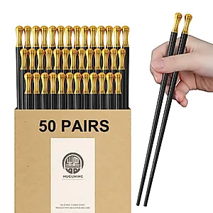 Muguning 50 Pairs Fiberglass Chopsticks Bulk - 9.5Inch Reusable Chopsticks Dishwasher Safe, Non-slip Japanese Chinese Chop Sticks with Black Gold Styling (World Cup)