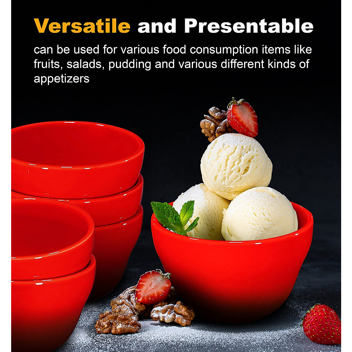 Bruntmor 8 oz Porcelain Bowls Set of 6 - for Ice Cream, Dessert, Soup, Small Side Dishes, Salad, Cereal, Rice - Microwave, Dishwasher and Oven Safe - Red Color