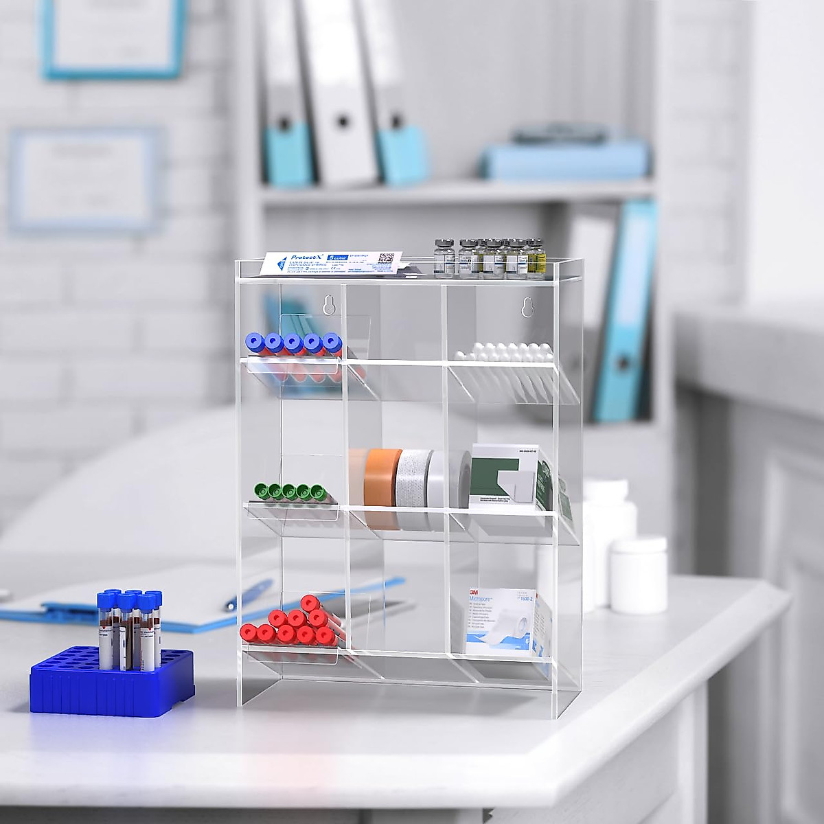 Tube Rack Clear Acrylic 9 Compartment 11.5"W x 5.5"D x 16"H Wall Mount with Hanging Hardware or Countertop Clinics Hospitals Food Industry and Pharmaceutical by Marketing Holders