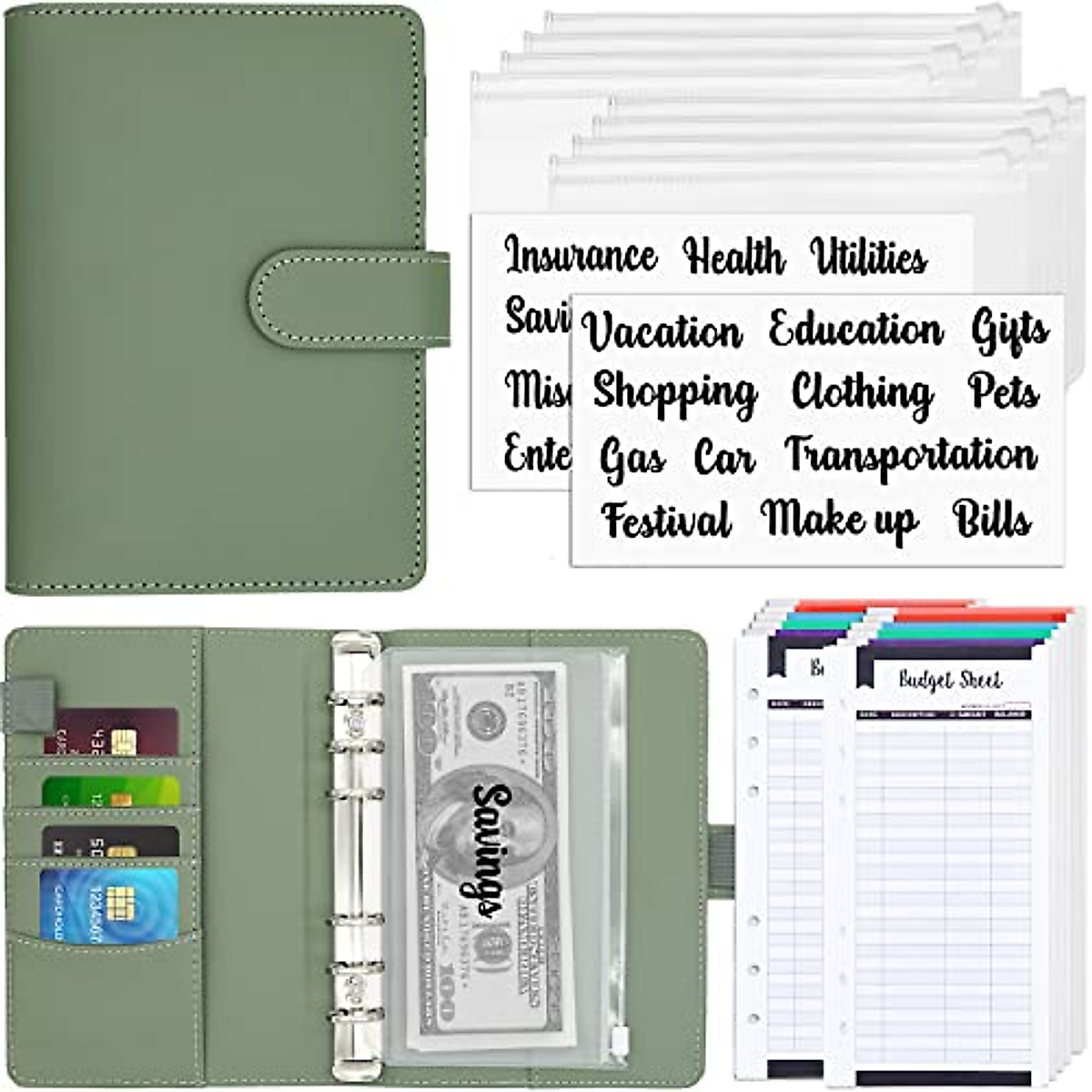 Budget Binder with Zipper Envelopes,Cash Envelopes for Budgeting, Money Organizer for Cash, A6 Budget Binder with 8pcs Cash envelopes, 12pcs Expense Trackers, 23pcs Label Stickers