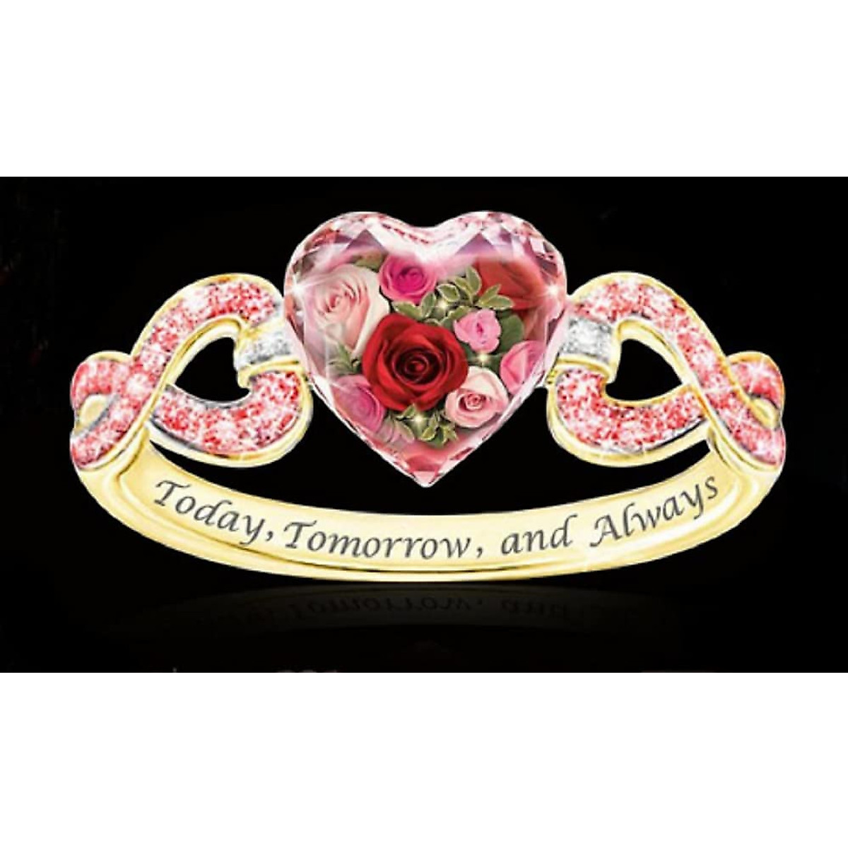 Awmnjtmgpw 18K Rose Gold Pink Gem Diamond Set Cubic Zircon Diamond Ring Rose Heart-Shaped Wreath Engagement Ring Valentine's Day Gift Women's Precious Jewelry Size 6-10 (Size 9)
