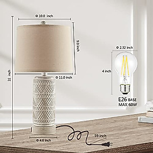 RORIANO Set of 2 Rustic Touch Ceramic Table Lamps for Living Room, 3 Way Dimmable with Dual USB Ports Bedroom Nightstand Lamp, Linen Fabric Shade Bedside Accent Desk Lamps, LED Bulb Included