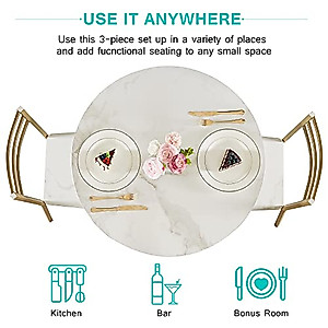 VECELO Small Round Dining Table Set for 2, Wood Marbled Tabletop with Steel Frame, Modern Dinette with Chairs for Kitchen Breakfast Nook Living Room, White and Gold