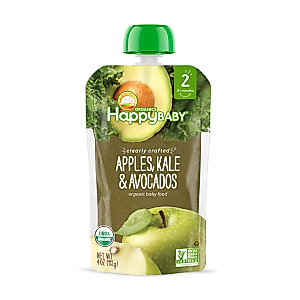 Happy Baby Organics Stage 2 Baby Food Pouches, Gluten Free, Vegan & Healthy Snack, Clearly Crafted Fruit & Veggie Puree, Apples, Kale & Avocados, 4 Ounces (Pack of 16)