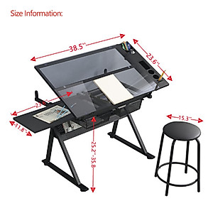 Gee Wuo Black Drawing Table, Modern Design Adjustable Tempered Glass Drawing and Printing Table with 2 Storage Drawers and Chair, Suitable for Office School, Artist