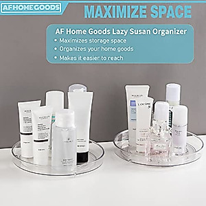 AF Home Goods Food Grade BPA Free Clear Lazy Susan 2 Pack, 10.6 Inch Kitchen Cabinet Turntable Organizer, Spinning Storage Container for Fridge Pantry Vanity Bathroom Countertop Makeup