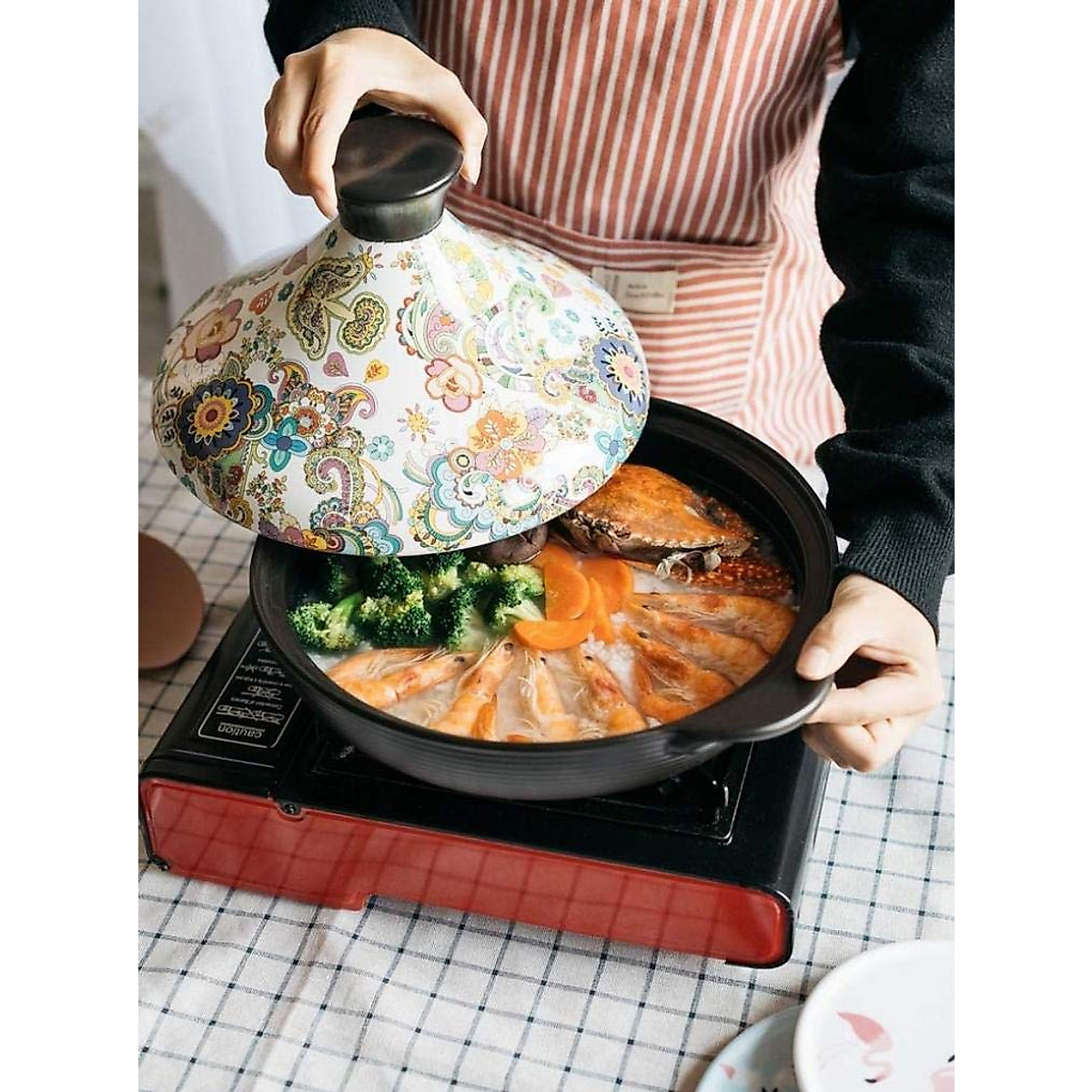 MYYINGBIN Flower Pattern Moroccan Tagine Pot Enameled Cast Iron Casserole Non Stick Saucepan Exotic Stew Pot with Lid, A, 2L