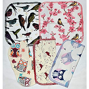 1 Ply Owls & Birds Fun Flannel Washable Kids Lunchbox Napkins 8x8 inches 5 Pack - Little Wipes (R) Flannel