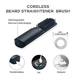 IHHAIR Premium Beard Mini Straightener Brush, Professional Straightener Brush for Men, Rechargeable 6400 mAh Straightening Tool Heated Comb, for Short & Long Beards for Home and Travel