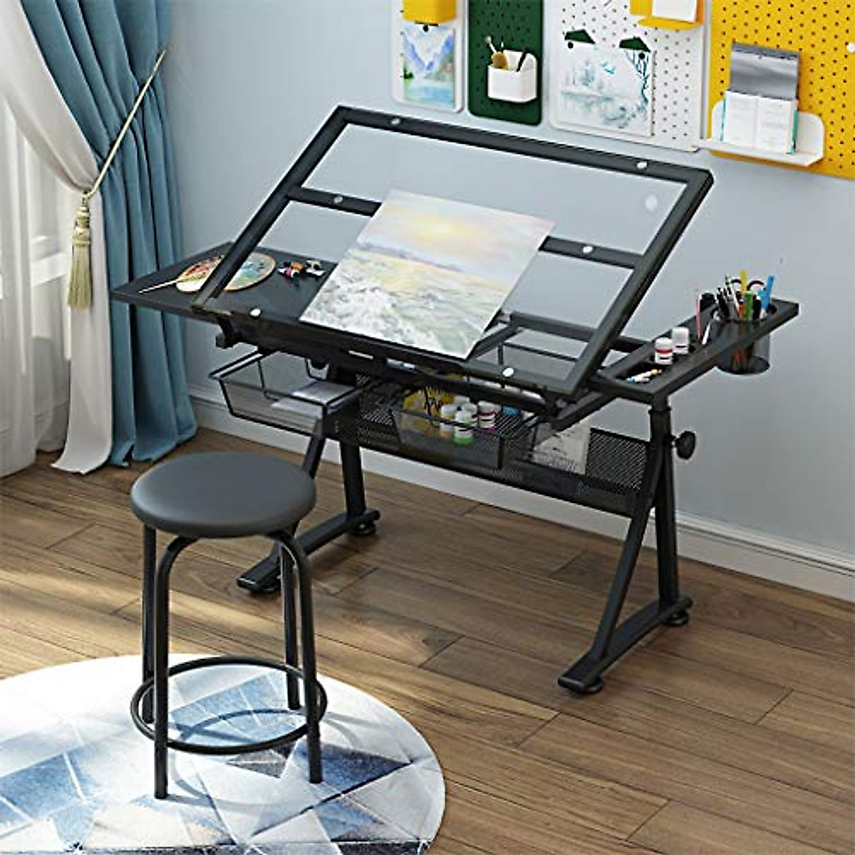 EESHHA Drawing Table Drafting Table with Storage, Height Adjustable Tiltable Art Desk, Glass Panel Drawing Desk, for Work Study Painting Craft Table