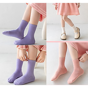 Toptim Unisex Kids Crew Socks Casual Solid Vertical Stripe Sock for Boy Girls (6-9 Years, Candy Colors)