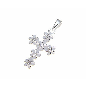 Arthur's Jewelry 925 Sterling silver Hawaiian plumeria flower cross pendant clear cz 11mm small