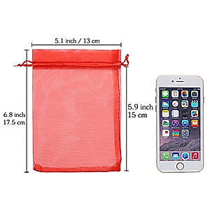 HRX Package Organza Bags Red 100pcs, 5 x 7 inches Christmas Gift Drawstring Bags Mesh Jewelry Pouches for Wedding Party Favors