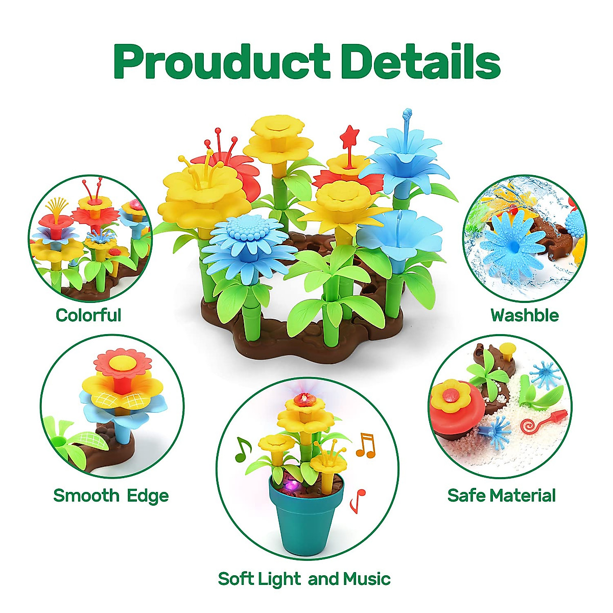 CUTE STONE Flower Garden Building Toys for Girls Age 3 4 5 6 7-Kids with Light & Music-Stacking Game for Toddlers Playset-Educational Activity STEM Toys Gifts,140PCS