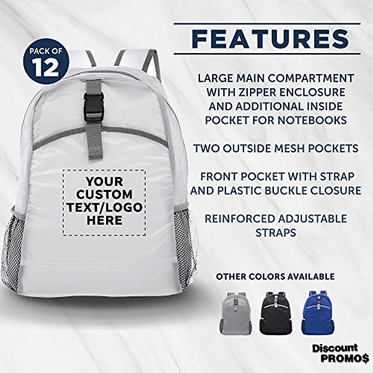 DISCOUNT PROMOS Custom Lightweight Travel Packable Backpacks Set of 12, Personalized Bulk Pack - Perfect for Camping, Outdoor Sports - White