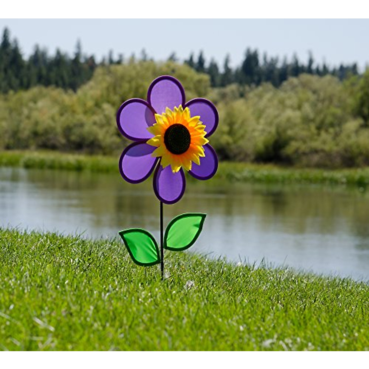 In the Breeze 12 Inch Purple Sunflower Wind Spinner with Leaves - Includes Ground Stake - Colorful Flower for Your Yard and Garden