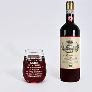 DAZLUTE Funny Sister Gift, I Would Fight A Bear for You Stemless Wine Glass, Sisters Gifts From Sisters, Birthday Christmas Galentines day Gifts for Sister Soul Sister Sister in Law Big Sister, 15Oz