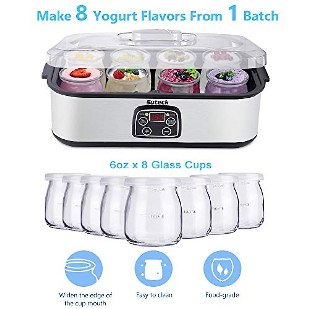 Automatic Yogurt Maker Machine Digital LCD Display with Constant Temperature Control 8 Glass Greek Jars and Lids 48 Ozs Stainless Steel Design for Home Kitchen Use.