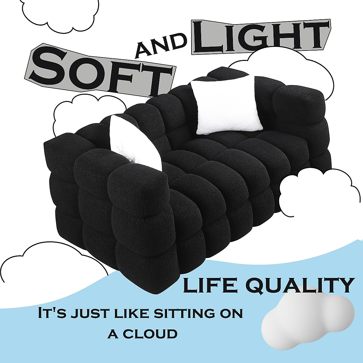 Olodumare 2 Pcs Sectional Sofa 2+3 Cloud Couch with Extra Deep Seats,5 Seater Sofa,Modern Boucle Couch with 4 Pillows Decor Furniture,Marshmallow Tufted Couch for Living Room.Loveseat+Sofa,Black