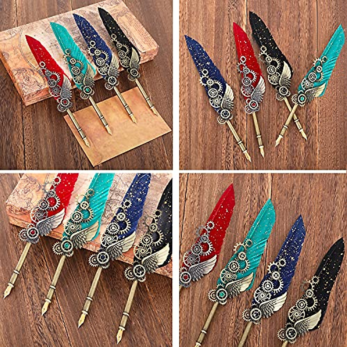 AIYNC Feather Calligraphy Pen Ink Set, Quill Pen and Ink Set Including Mechanical Feather Pen and Wooden Dip Pen, 5 Colors of Ink, 12 Replacement Nibs, Pen Holder, Envelope and Letter Paper (Green)