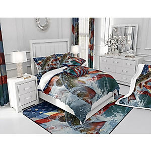 Feelyou American Flag Big Pike Fish Comforter Set Bass Big Fish Bedding Set for Kids Boys Girls Hunting Fishing Comforter Soft Quilt Set Twin Size
