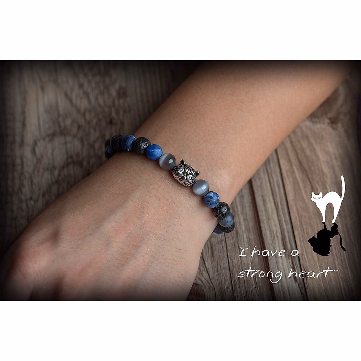 Karseer Vintage Silver Plated Cat Head Stress Relief Reiki Healing Bracelet Matte Natural Sodalite Anti Anxiety Calming Bracelet Lava Rock Oil Diffuser Aromatherapy Bracelet, Cat Lovers Memorial Gift