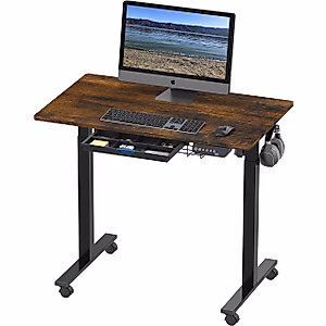 SHW Small Electric Height Adjustable Mobile Sit Stand Desk with Drawer, Hanging Hooks and Cable Management, 40 x 24 Inches, Rustic Brown