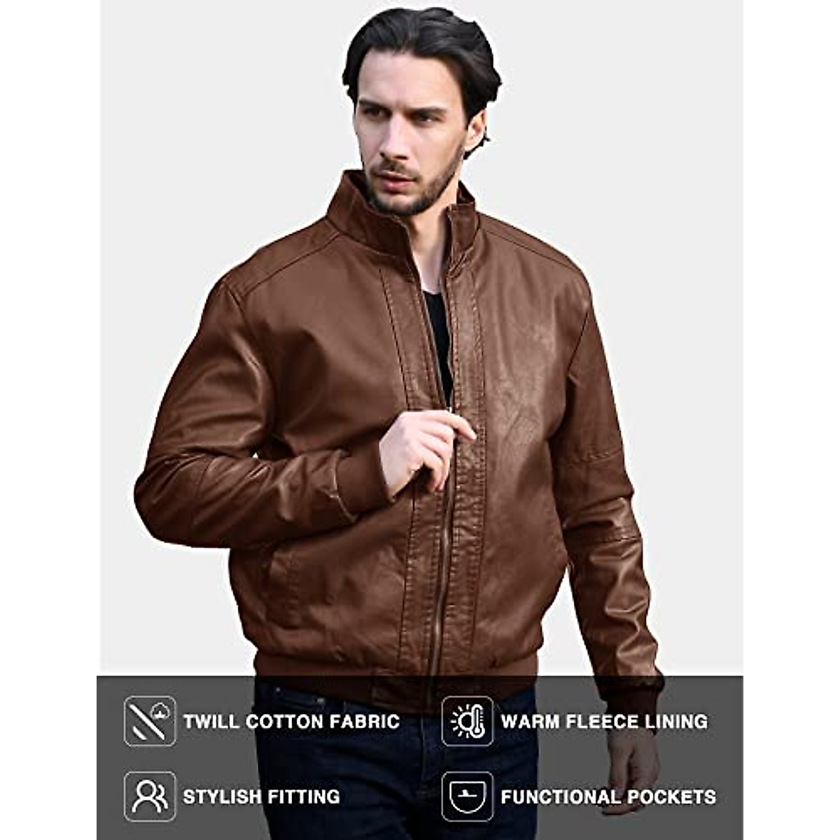 WenVen Men's Stand Collar Fleece Lined Bomber Faux Leather Jacket (Field, M)