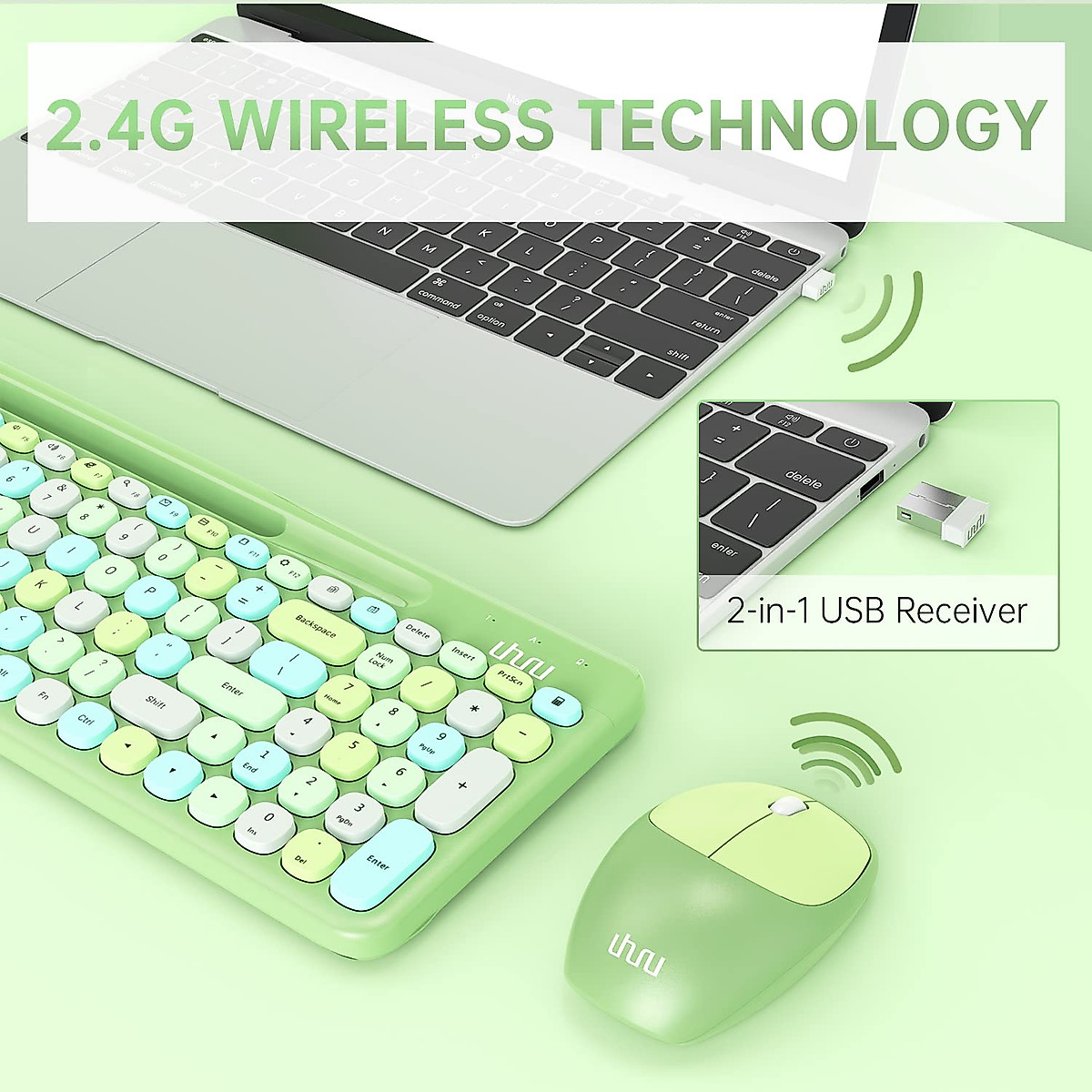 UHURU Colorful Wireless Keyboard and Mouse Combo - Computer Keyboard with Phone Holder, 2.4GHz Full-Sized Cute Green Keyboard and Mouse Set for Windows, Laptop, PC, Notebook - Green