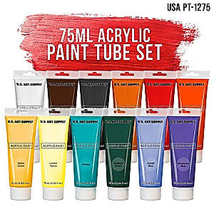 U.S. Art Supply Professional 12 Color Set of Acrylic Paint in Extra-Large 75ml Tubes - Rich Pigment Vivid Colors for Artists, Students, Beginners, Kids, Adults - Canvas, Portrait Paintings, Wood