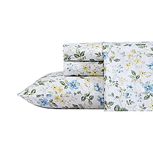Laura Ashley Home - King Sheets, Soft Sateen Cotton Bedding Set - Sleek, Smooth, & Breathable Home Decor, Meadow Floral Blue