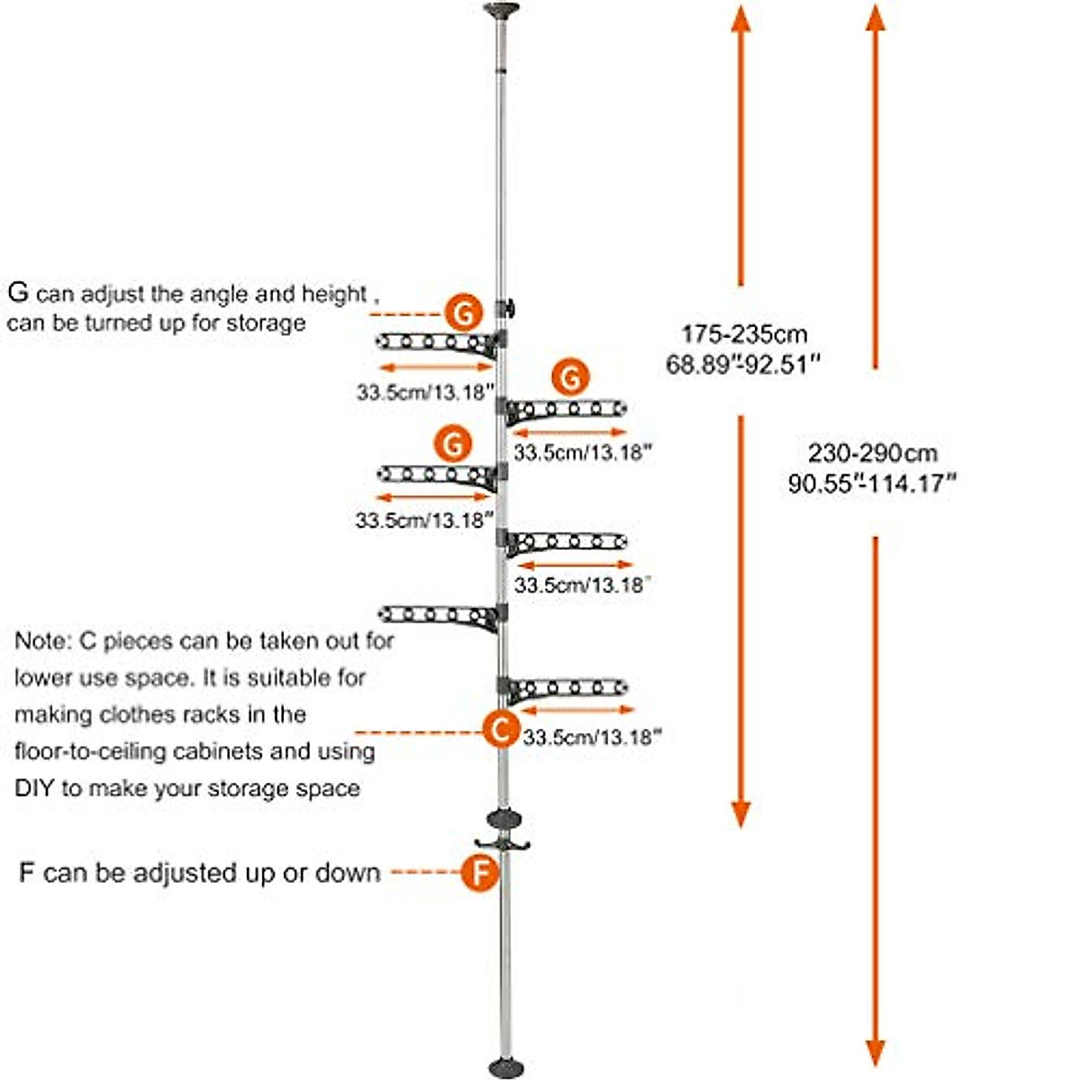 Hershii Adjustable Laundry Pole Corner Clothes Garment Drying Rack Hat Hanger Coat Tree Floor to Ceiling Tension Shelf Storage Organizer with 5 Arms and 1 Hook - Grey