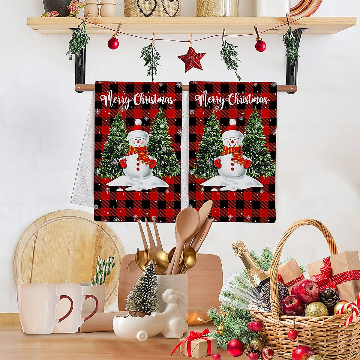 Beisseid Christmas Kitchen Dish Towels Snowman with Xmas Tree Dish Cloth Fingertip Bath Towels Cloth Red Buffalo Plaid Check Hand Drying Soft Cotton Tea Towel Set 18x28in 2PCS