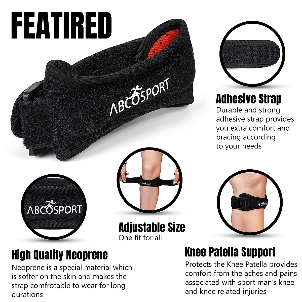 Abco Tech Patella Knee Strap (Black - 2 Pack) - Knee Pain Relief - Tendon and Knee Support for Running, Hiking, Soccer, Basketball, Volleyball and Exercise - Runners Knee Stabilizer - Adjustable Band
