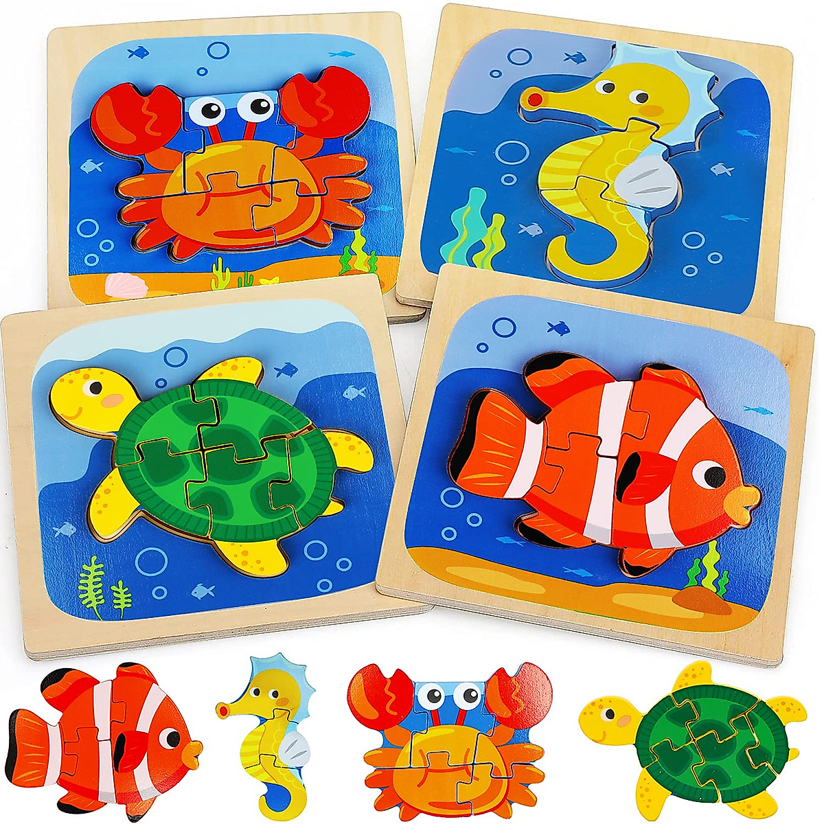 TOY Life Wooden Puzzles for Toddlers 2-4, Sea Animals Toddler Puzzles, Puzzles for Toddlers 1-3, Wood Puzzles Educational Montessori Toys Gifts for 1 2 3 Year Old, Baby Puzzles Kids Learning Toy
