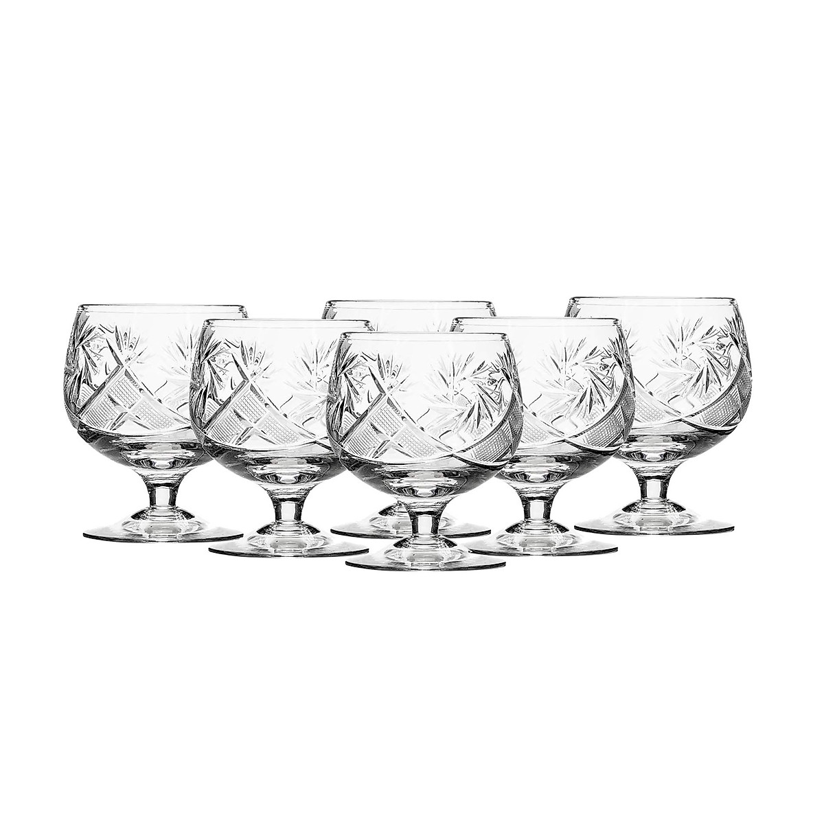 Russian European Cut Crystal Brandy Cognac Snifters, Vintage Old-Fashioned Glassware, Set of 6