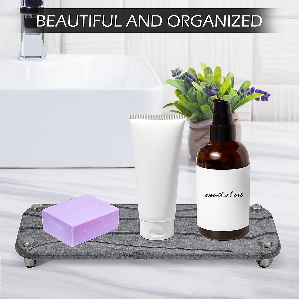 2 Pack Instant Dry Sink Organizer for Bathroom & Kitchen,Spaceaid，Diatomaceous Pedestal Stand Riser with Stainless Steel Feet Protection, counter caddy(Grey)