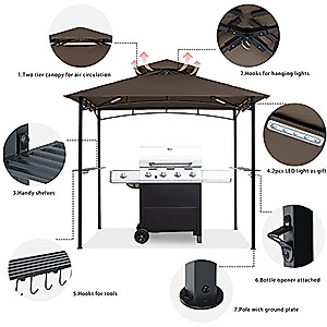 COOSHADE 8'x 5' Grill Gazebo Double Tiered Outdoor BBQ Gazebo Canopy with LED Light (Brown)