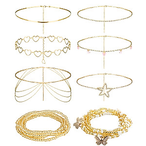 JOERICA 8Pcs Belly Chain for Women Adjustable Boho Multilayer Waist Chain Tassel Butterfly Heart Pendent Rhinestone Belly Chains Waist Beads Summer Beach Bikini Waist Body Jewelry Gold