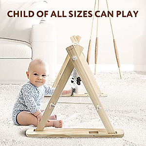 Foldable Wooden Baby Play Gym+Animal Sensory Hanging Rattle Toys(2 PCS)+Baby Teething Toys(3 PCS), with Babies Visual/Cognitive/Sensory Stimulation-for Babies 0-12 Month