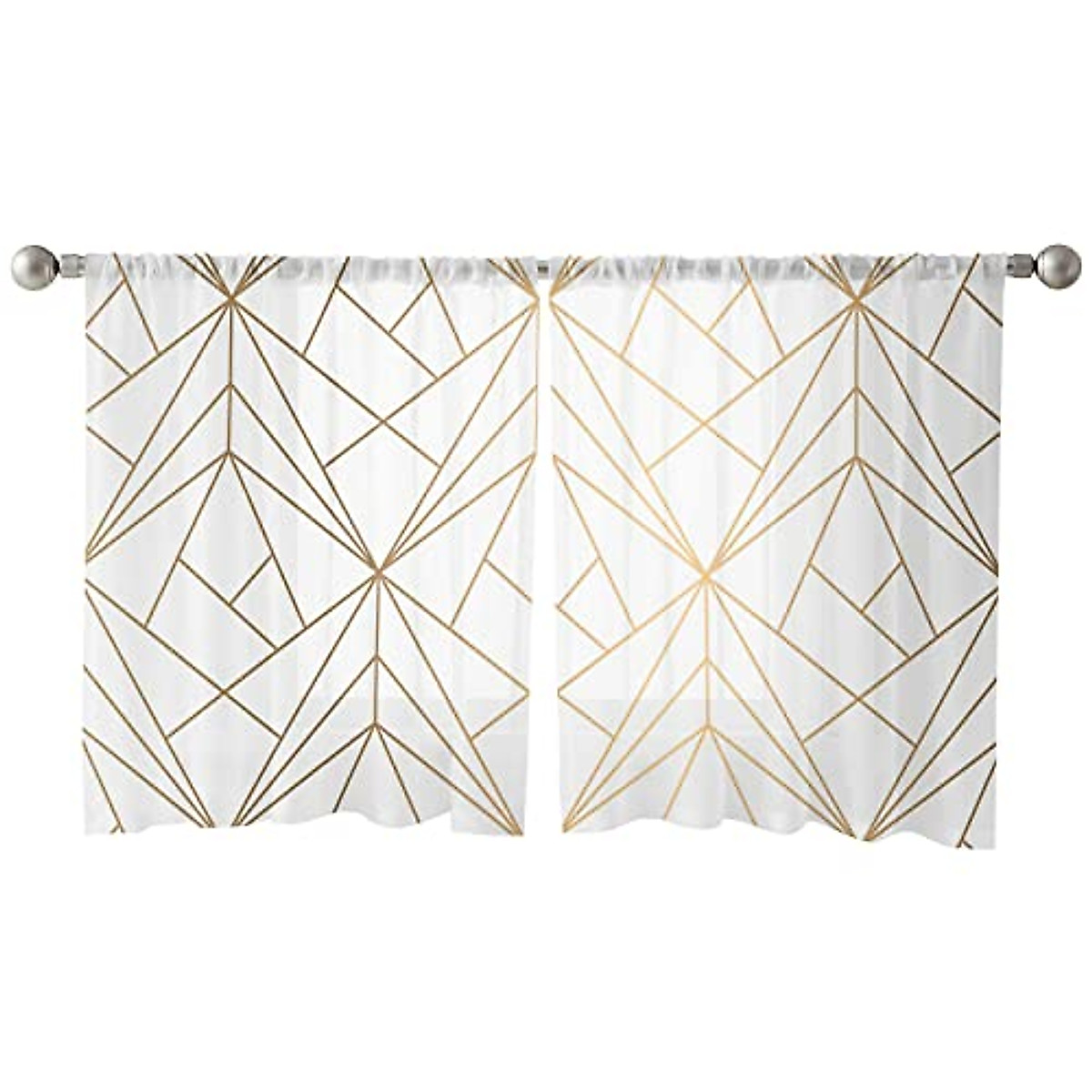 Singingin Chiffon Backdrop Curtain, Gold Yellow Line Geometric Patterned Soft Lightweight Window Drapes Rod Pocket Curtains for Bedroom Living Room Home Office Decor 52 x 45 Inch, 2 Panels