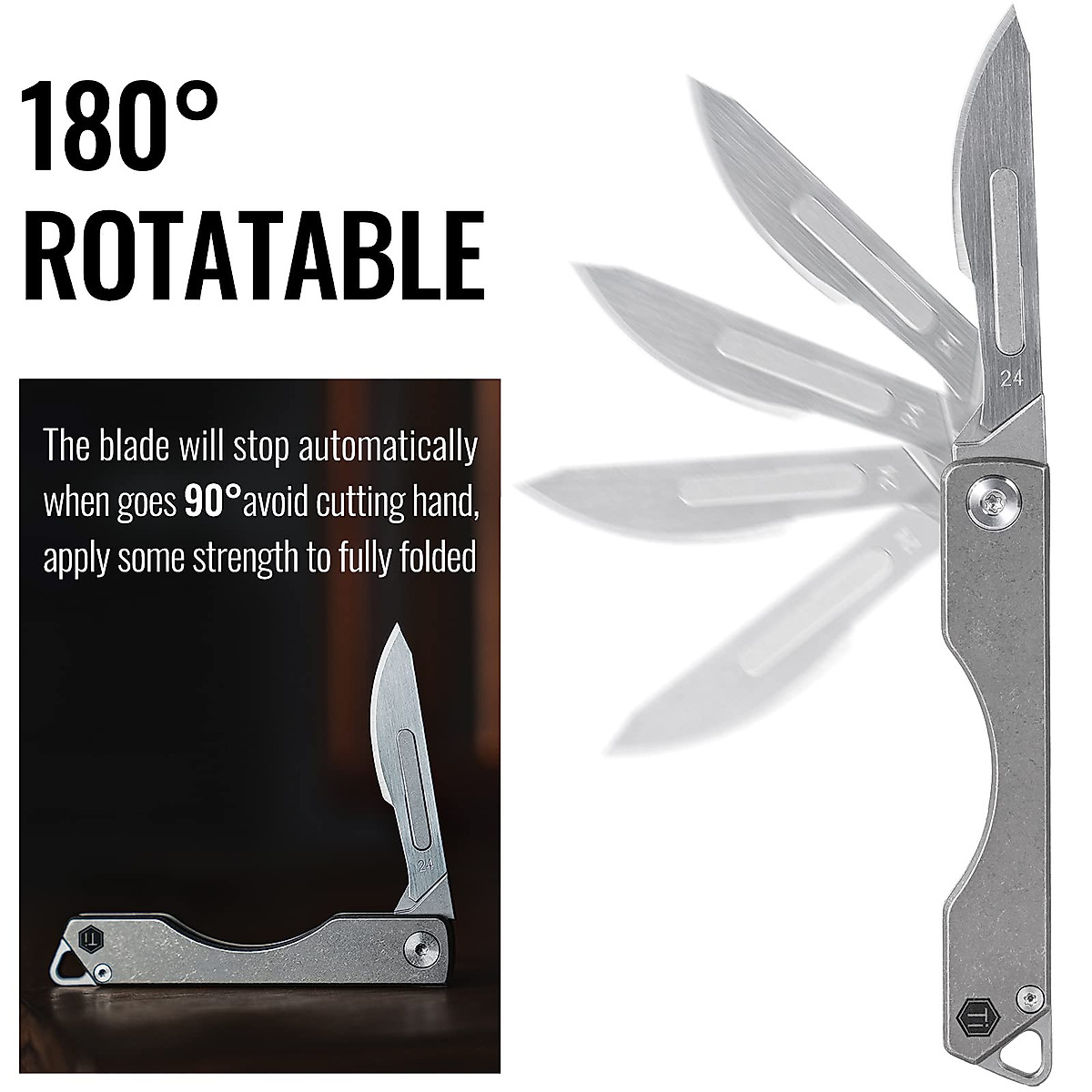 KeyUnity KK01 Titanium Folding Knife, Utility EDC Pocket Knife with #24 Replaceable Blade, for Outdoor Hunting, Camping, Fishing, Hiking for Men & Women (Stonewashed)