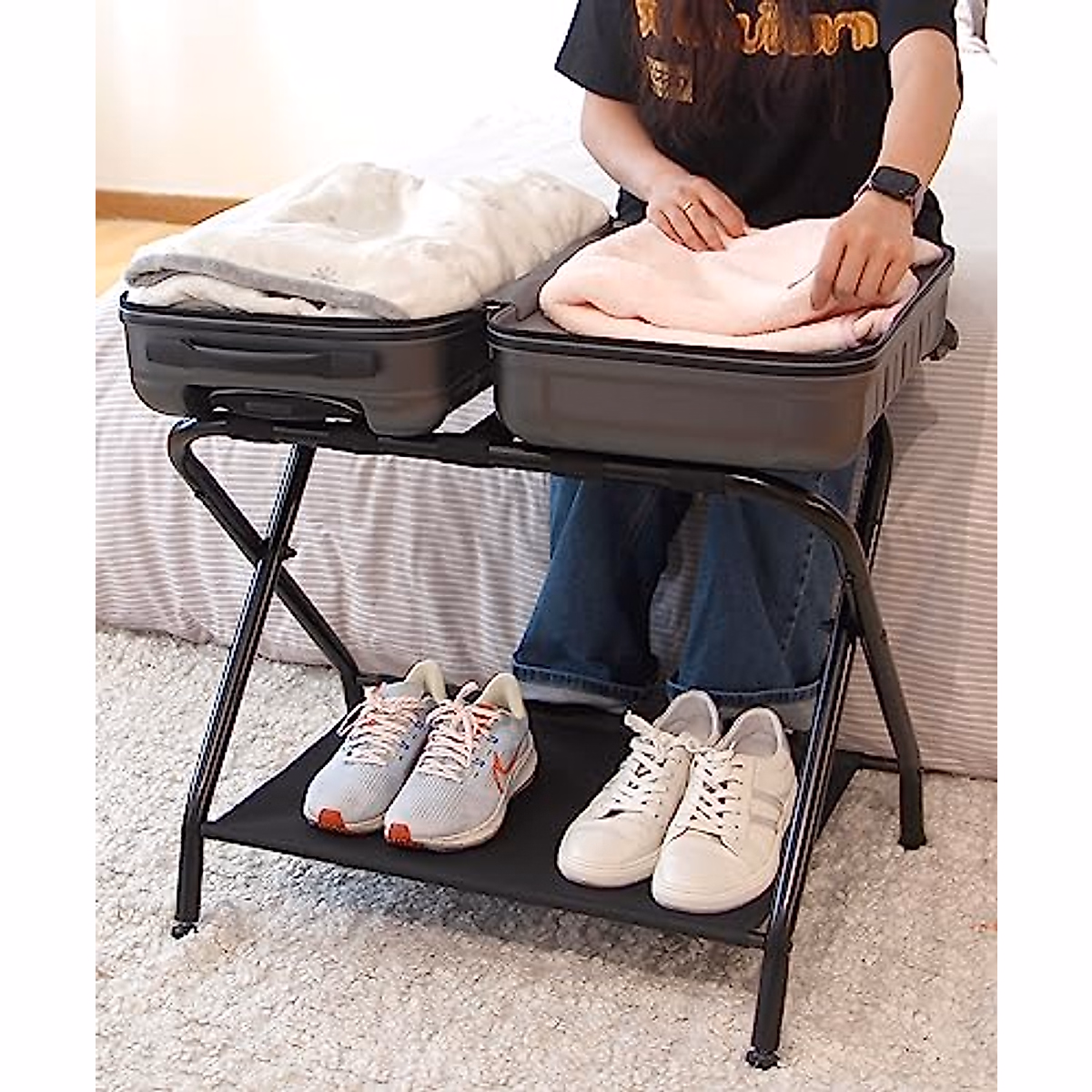 Yuihochic Luggage Rack, Suitcase Stand with Fabric Storage Shelf, for Guest Room,Bedroom,Hotel, Foldable Painted Steel Frame (Brown+Package Quantity 1)