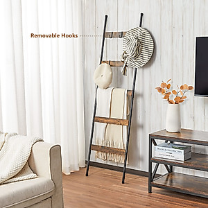 ELYKEN Blanket Ladder for Living Room, Farmhouse 5 -Tier Quilt Holder with 4 Removable Hooks for Bathroom, Wood Towel Rack Display, Wall Anchor Leaning Decorative Stand for Home Decor, Rustic Brown