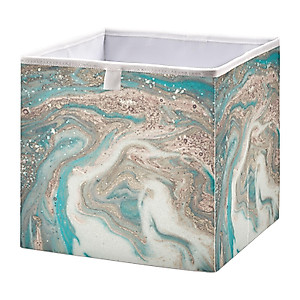 QUGRL Magic Teal Marble Storage Bins Organizer Modern Trendy Foldable Clothes Storage Basket Box for Shelves Closet Cabinet Office Dorm Bedroom 15.75 x 10.63 x 6.96 in