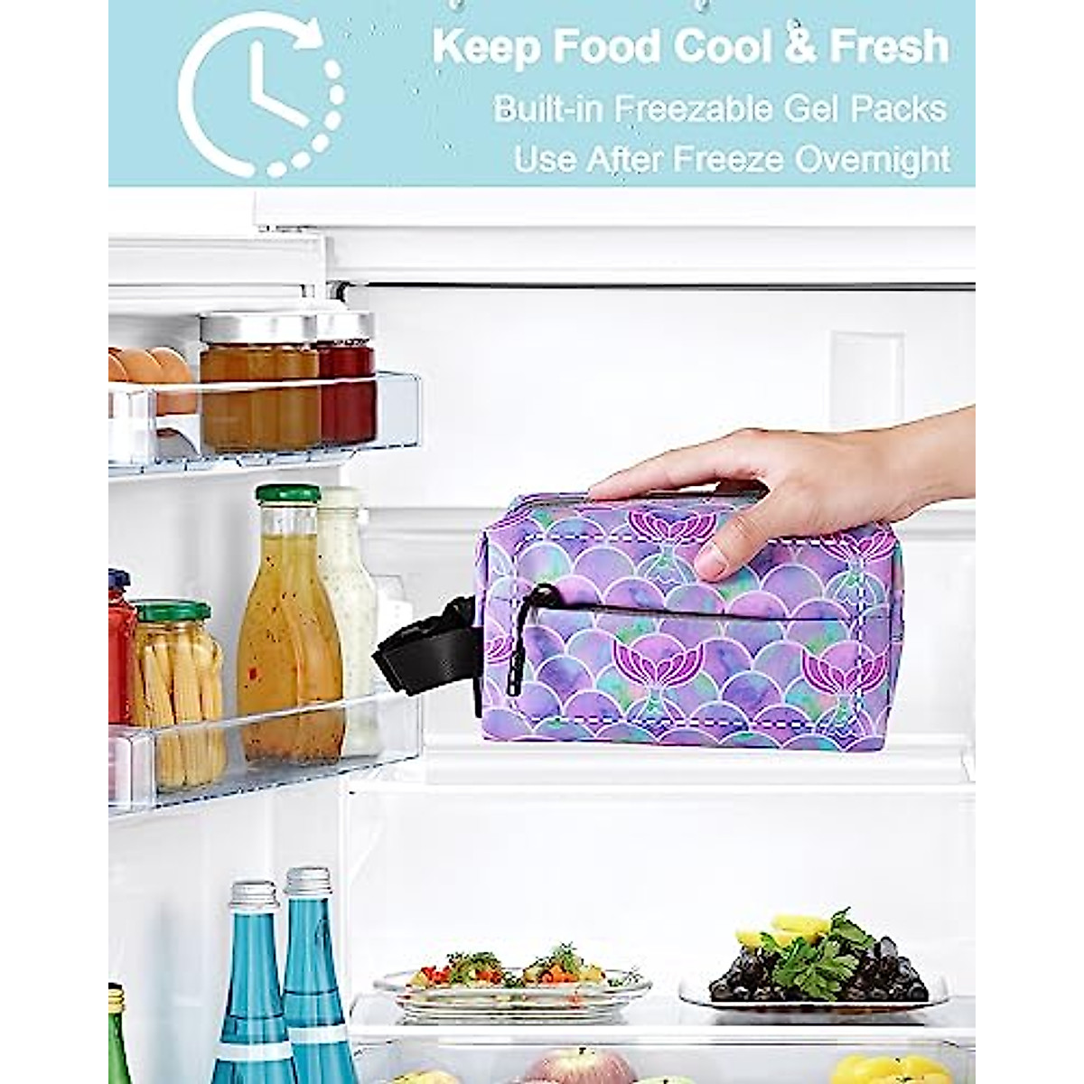 Amersun Freezable Small Cooler Bag(Built-in Ice Packs, TSA Approved), Insulated Lunch Bag for Child, Reusable Snack Bags for Kids, Portable Mini Cooler Bag with Adjustable Handle (Mermaid)