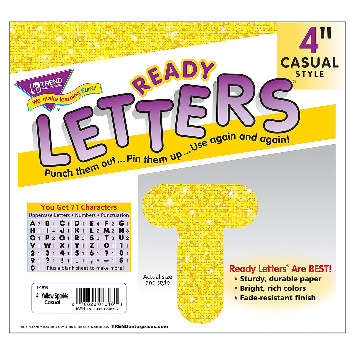 TREND enterprises, Inc. Yellow Sparkle 4" Casual UC Ready Letters