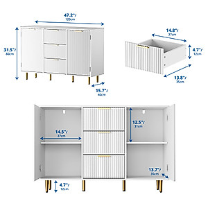 Cozy Castle 47.2" Buffet Cabinet, Large Coffee Bar Cabinet, Glossy Fluted Accent Sideboard with Adjustable Shelves, Credenza with Doors and Drawers for Living Room, Hallway, Kitchen, White