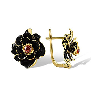 Santuzza Lotus Earrings 925 Sterling Silver Garnet Handmade Enamel Black Flower Dangle Earrings for Women